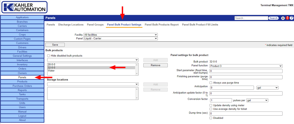 Panel Bulk Product Settings for Dry Systems