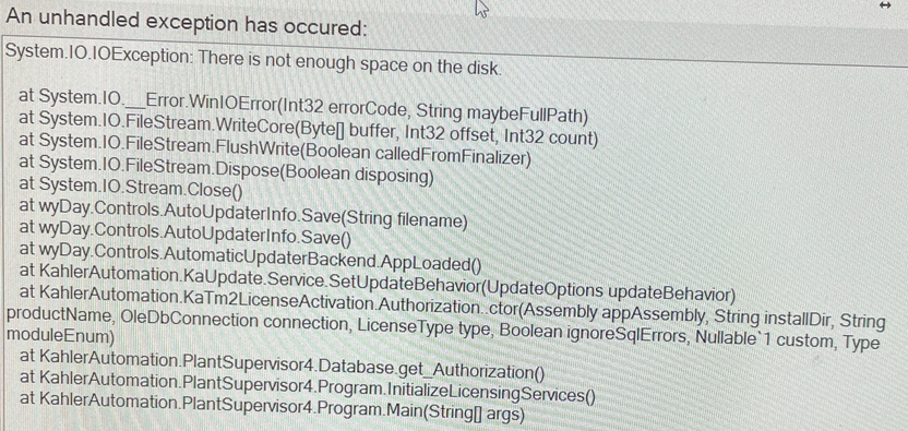 Received a warning System.IO.IOException: There is not enough space on the disk.