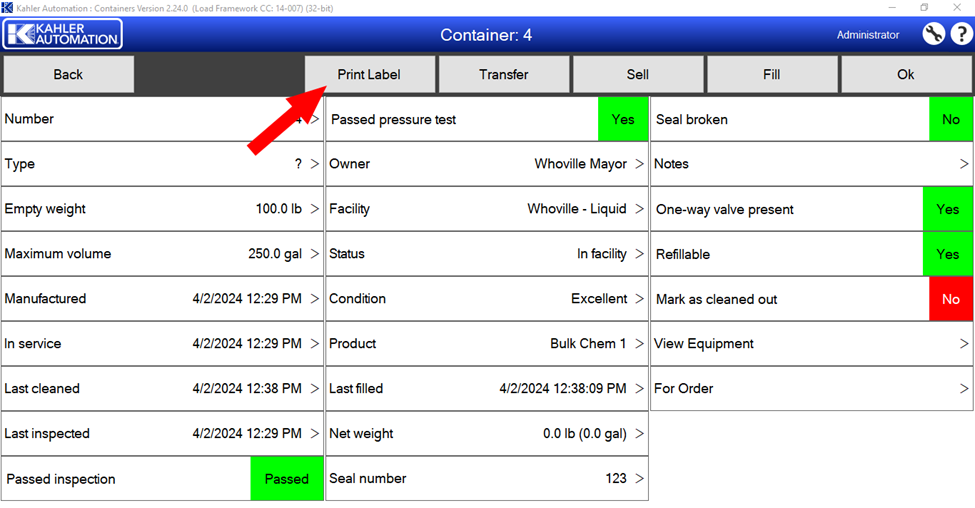 Printing a Container Label with Container Filling 2