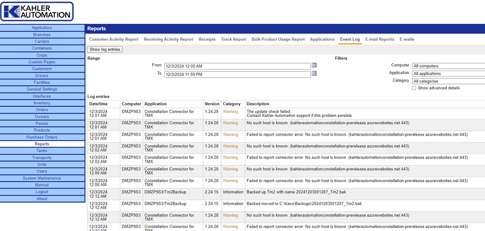 Accessing The Terminal Management TMX Event Log