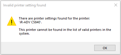 There are no printer settings found for the printer