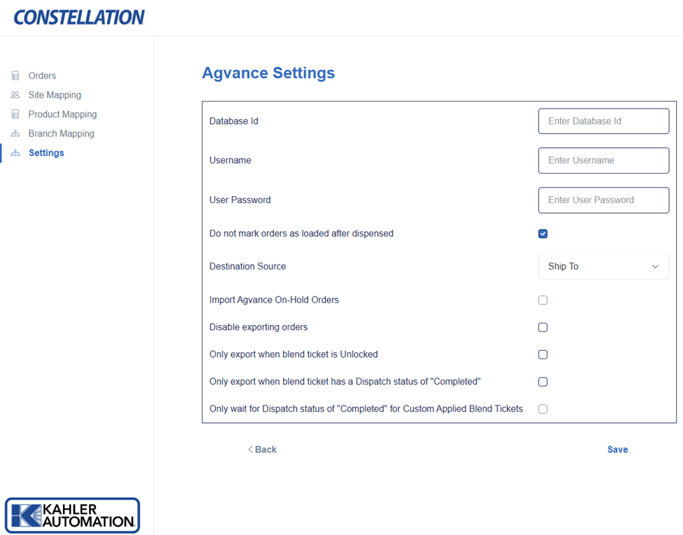 Constellation Agvance Integration – Settings