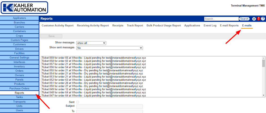 Unsent Emails in Terminal Management TMX