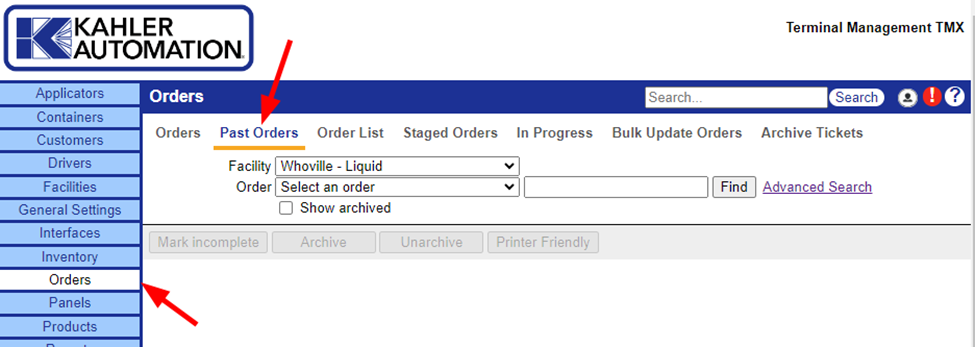 Finding Past Orders in Terminal Management TMX
