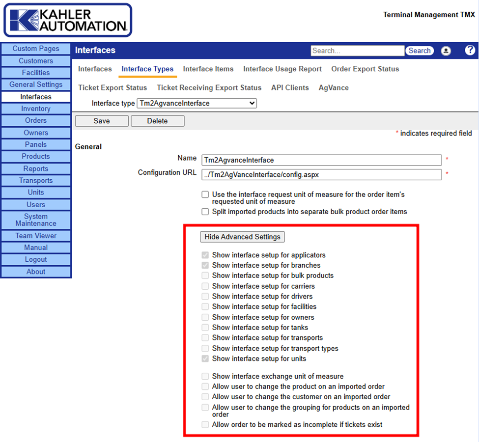 Terminal Management TMX - Interface Advanced Settings